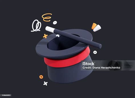 3d 매직 모자와 지팡이 마법사 환상 쇼 마법의 성능 트릭을 보여줍니다 검은 색 모자 또는 실린더 서커스 쇼 어두운 배경에 고립