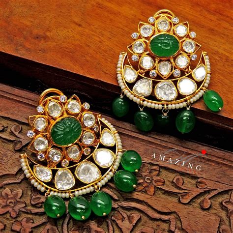 Silver Moissanite Polki With Emerald Tumble Earring Moissanite Polki