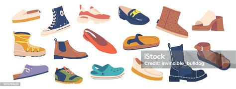 다양한 신발 격리 아이콘 세트 운동화 드레스 신발 샌들 및 로퍼 부츠 운동화 발레 플랫 신발에 대한 스톡 벡터 아트 및 기타 이미지 Istock