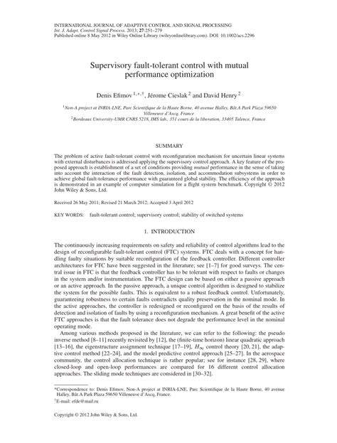 Pdf Supervisory Fault Tolerant Control With Mutual Performance Optimization