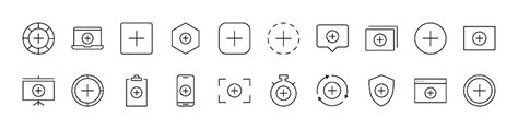 더하기 기호 얇은 선 아이콘 세트입니다 그래픽 및 웹 디자인 앱 광고 다양한 카드에 대한 개요 표지판 긍정적인 감정 표현에 대한 스톡 벡터 아트 및 기타 이미지 Istock