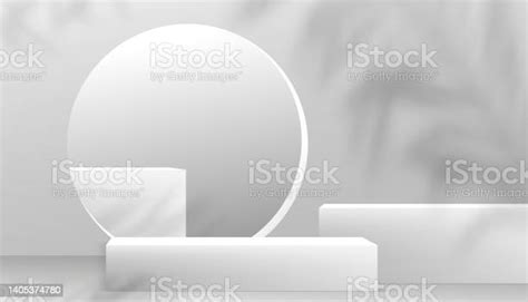 스튜디오 룸 회색 벽과 3d 연단 모형 야자 잎 그림자가있는 배경 회색 시멘트 벡터 일러스트 레이 션 제품 프리젠 테이션을위한 회색 배너 로프트 디자인의 최소 배경 0명에