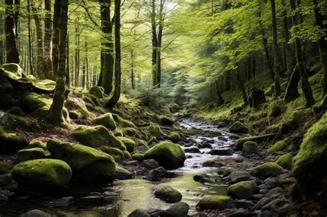Premium Photo A Tranquil Forest With A Stream And A Blurry Background
