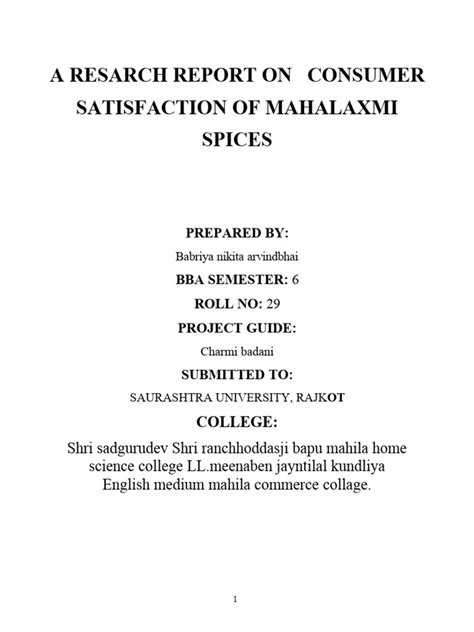 A Resarch Report Onconsumer Satisfaction Of Mahalaxmi Spices Pdf