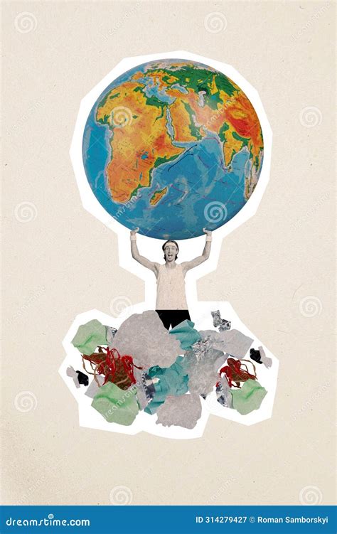 Creative Vertical Collage Young Strong Activist Man Holding Earth Pollution Getting Rid Garbage