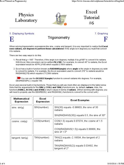 Excel Tutorial On Trigonometry Pdf Trigonometric Functions