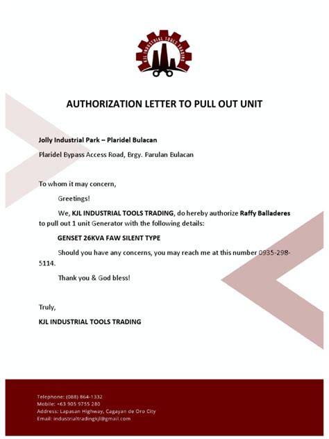 Authorization Letter To Pull Out Unit Pdf