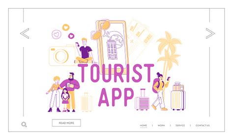 방문 페이지 템플릿에 대한 관광객 앱 개념 사람들은 여행 예약 티켓을 이동 휴대 전화를 사용합니다 여행 응용 프로그램과 함께 거대한 휴대 전화에서 수하물승객 문자 선형 벡터