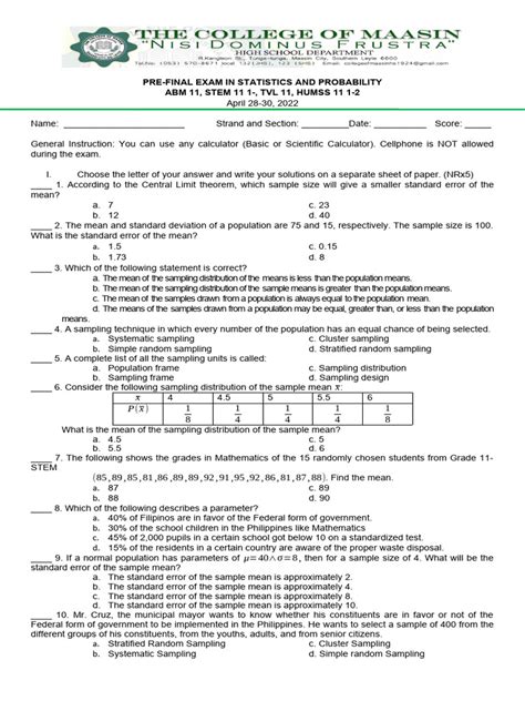 Prefinal Exam In Stat Download Free Pdf Sampling Statistics