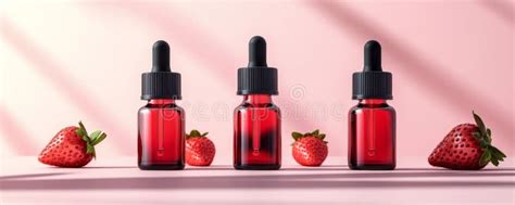 On A Pink Background Three Red Glass Dropper Bottles Are Positioned Near A Ripe Red Strawberry