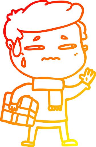크리스마스 선물을 가진 만화 불안한 남자의 따뜻한 그라데이션 선 그리기 걱정하는에 대한 스톡 벡터 아트 및 기타 이미지