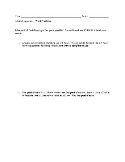 Rational Equations Work Word Problems Tpt