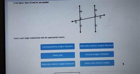 Solved In The Figure Lines Hj And Kl Are Parallel Match Each Angle Relationship With The