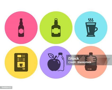 위스키 병 사과 및 커피 자판기 아이콘을 설정 합니다 라 떼 맥주 병 표지판 스카치 알콜 다이어트 식품 벡터 0명에 대한 스톡 벡터 아트 및 기타 이미지 Istock