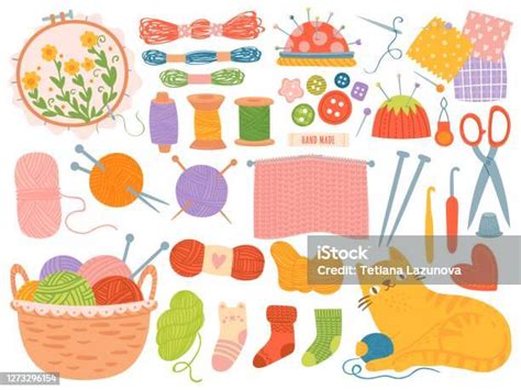 뜨개질 스레드 수공예 액세서리 실 바늘 원사 공 가위 크로 셰 뜨개질 수제 바느질 취미 만화 벡터 세트 누름 버튼에 대한 스톡 벡터 아트 및 기타 이미지 Istock