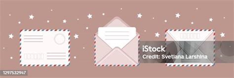 다른 봉투 세트 전자 메일 아이콘입니다 복고풍 엽서와 공예 용지 서면 서신 또는 서신 플랫 만화 스타일의 벡터 일러스트레이션 0명에 대한 스톡 벡터 아트 및 기타 이미지