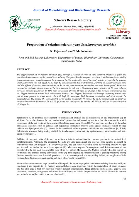 Pdf Preparation Of Selenium Tolerant Yeast Saccharomyces Cerevisiae