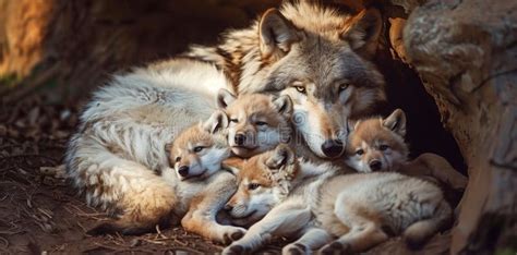 Mother Wolf Lying In Her Den With Her Playful Pups Stock Illustration