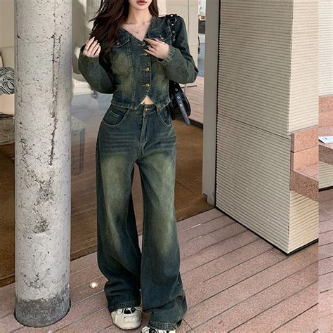 코디세트빈티지 워싱 데님 자켓데님 팬츠 투피스 세트 St121247e