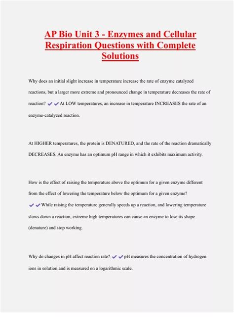 AP Bio Unit Enzymes And Cellular Respiration Questions With