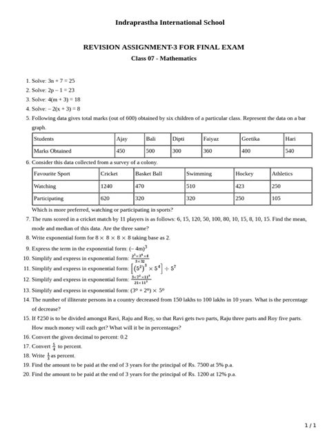 Revision Assignment 3 Ch Simple Equations Ch Data Handling Ch