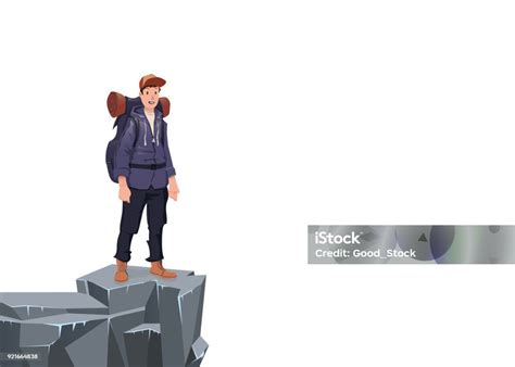 절벽의 가장자리에 젊은 남자 산 도보 여행자 탐험가 산악인입니다 성공의 상징입니다 흰색 배경에 복사 공간 벡터 일러스트입니다 개념에 대한 스톡 벡터 아트 및 기타 이미지