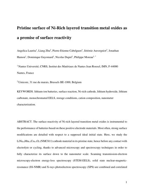 Pdf Pristine Surface Of Ni Rich Layered Transition Metal Oxides As A