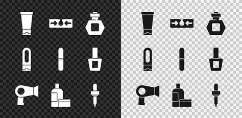 크림 또는 로션 화장품 튜브 여드름 향수 헤어 드라이어 피펫 샴푸 병 및 네일 파일 아이콘을 설정합니다 벡터 피펫에 대한 스톡
