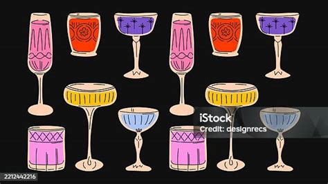 레트로 만화 칵테일 펑키한 잔 잔 텀블러 그릇 음료수 용기 플루트 컵에 담긴 손으로 그린 여름 음료를 모두 히피 그루비 스타일로 0명에 대한 스톡 벡터 아트 및 기타 이미지