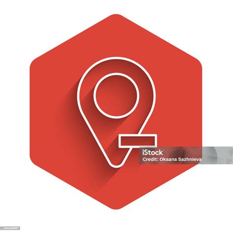 긴 그림자 배경으로 격리된 화이트 라인 맵 핀 아이콘입니다 네비게이션 포인터 위치 지도 Gps 방향 장소 나침반 검색 개념 빨간 육각 버튼 벡터 0명에 대한 스톡 벡터 아트