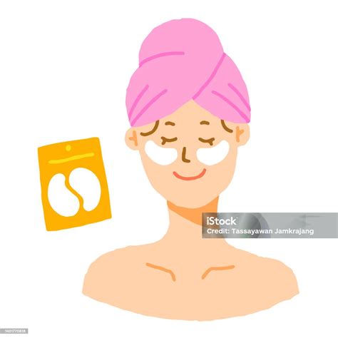 귀여운 아름다운 여자 소녀 핑크 타월 헤어 랩 스킨 케어 제품 아이콘 아침 루틴 아이 마스크 패치 아래 아이 시트 단계 고립 된 벡터 일러스트 레이 션 건강한 생활방식에