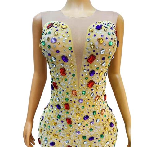 Sparkly Colorful Crystals Luxury Diamond Women Birthday Party Gowns S