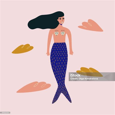 귀여운 인어가 있는 포스터입니다 파도가 치는 소녀 사이렌 만화 벡터 일러스트 레이 션입니다 보보스에 대한 스톡 벡터 아트 및 기타 이미지 Istock