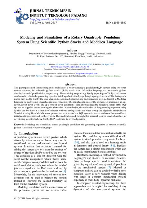 PDF Modeling And Simulation Of A Rotary Quadruple Pendulum System Using Scientific Python
