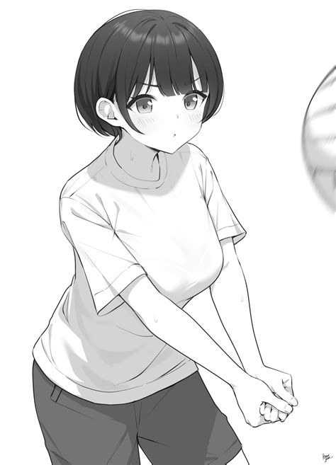 Safebooru 1girl Bangs Blush Breasts Commentary Request Greyscale Gym