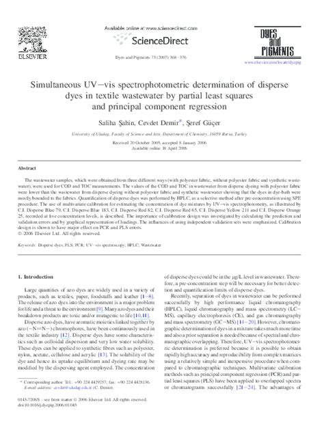Pdf Simultaneous Uv Vis Spectrophotometric Determination Of Disperse Dyes In Textile