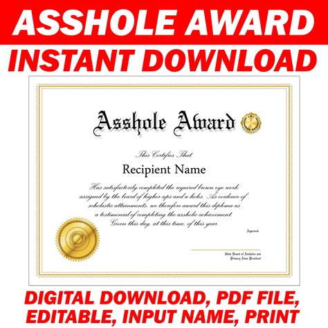 Asshole Award Digital Download Only Editable Pdf File Edit Etsy