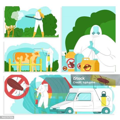 스프레이 장비 벡터 일러스트레이션을 갖춘 해충 방제 만화 곤충으로부터의 화학적 보호 독성 방지에 의한 안전 서비스 배너 세트 개념에 대한 스톡 벡터 아트 및 기타 이미지
