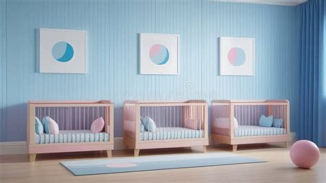 Three Cribs Are In A Room With Blue Walls And Pink Curtains Stock Illustration Illustration Of