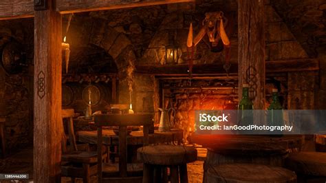 촛불과 불타는 벽난로가 있는 중세 선술집 내부 3d 일러스트레이션 선술집에 대한 스톡 사진 및 기타 이미지 선술집 벽난로 중세 Istock