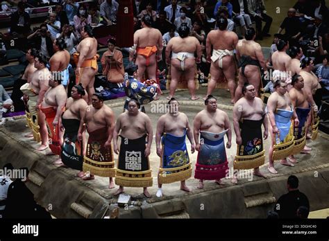 Sumo Wrestlers During The Makuuchi Ceremony At National Sumo Stadium