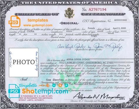 Usa Citizenship Certificate Template In Psd Format Fully Editable