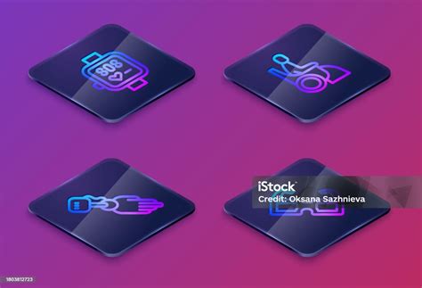 아이소메트릭 라인 스마트 워치 의족 손 휠체어를 탄 여성 안경을 설정합니다 파란색 사각형 버튼입니다 벡터 3차원 형태에 대한 스톡 벡터 아트 및 기타 이미지 Istock