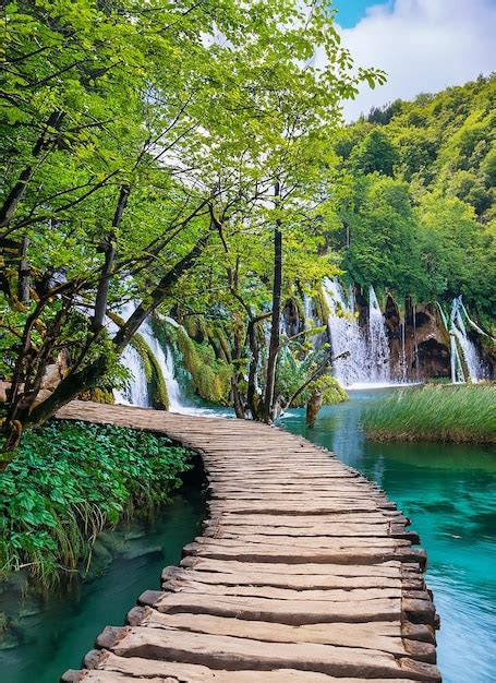 Premium Photo Beautiful Wooden Path Trail For Nature Trekking With Lakes And Waterfall
