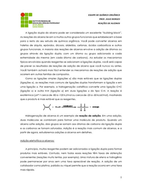 Reações De Alcenos 1 Pdf Alceno Reações Químicas