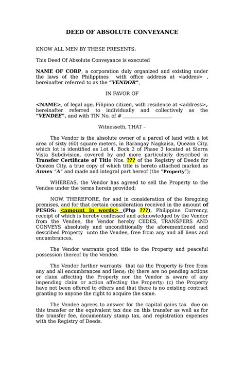 Deed Of Conveyance Sample Template Template Samples