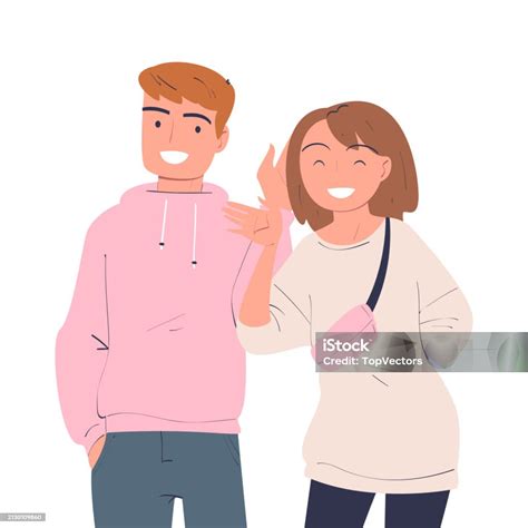 행복하다 남자와 여자 캐릭터 흔들리는 손 와 미소 짓는 벡터 일러스트 감정에 대한 스톡 벡터 아트 및 기타 이미지 감정 개념 긍정적인 감정 표현 Istock