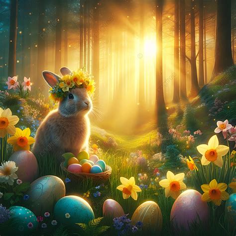 Easter Concept Bg Background White Rabbit Crown Of Flowers Easter