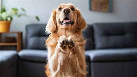 Adorable Golden Retriever Dog Sitting Upright On Hind Legs With Front