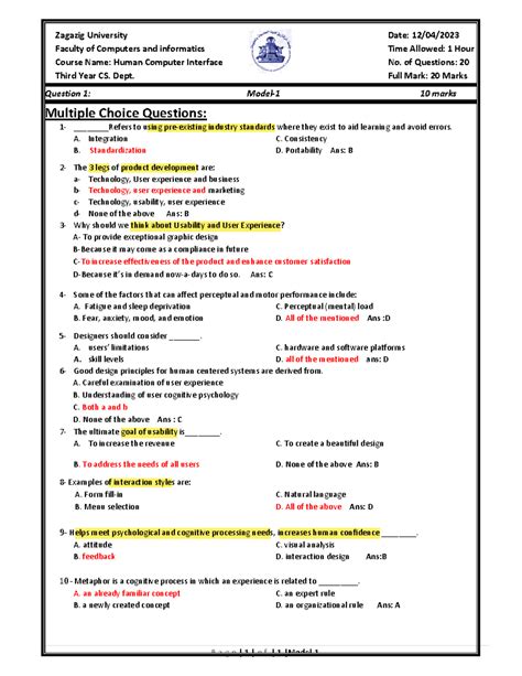 HCI Midterm With Answers P A G E O F Model Zagazig University Faculty Of